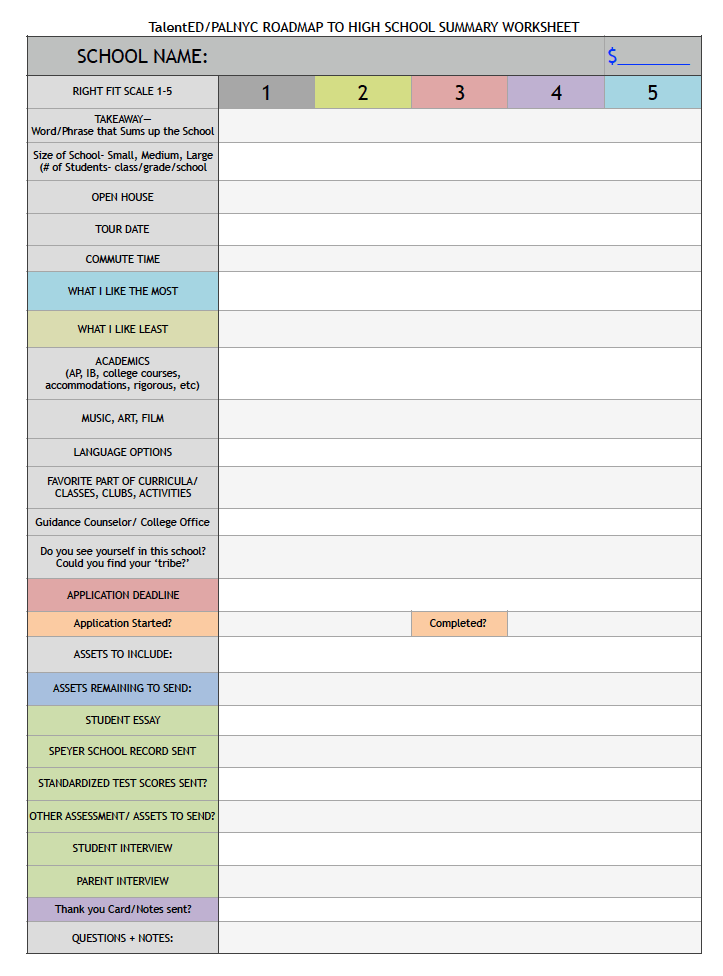 The NYC Roadmap to High School Toolkit, Worksheets & Printables – PALNYC